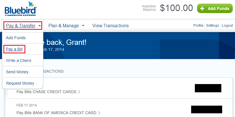 Use Bluebird to Pay your Credit Card Bills