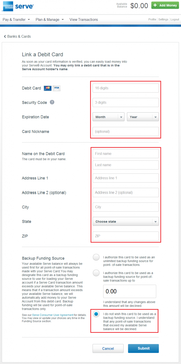 How to Add a Debit Card to Serve