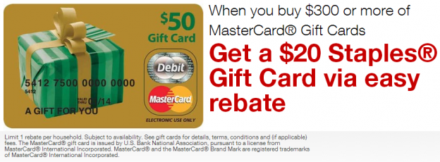Staples Gift Card After Purchasing 0+ of MasterCard Gift Cards at Staples