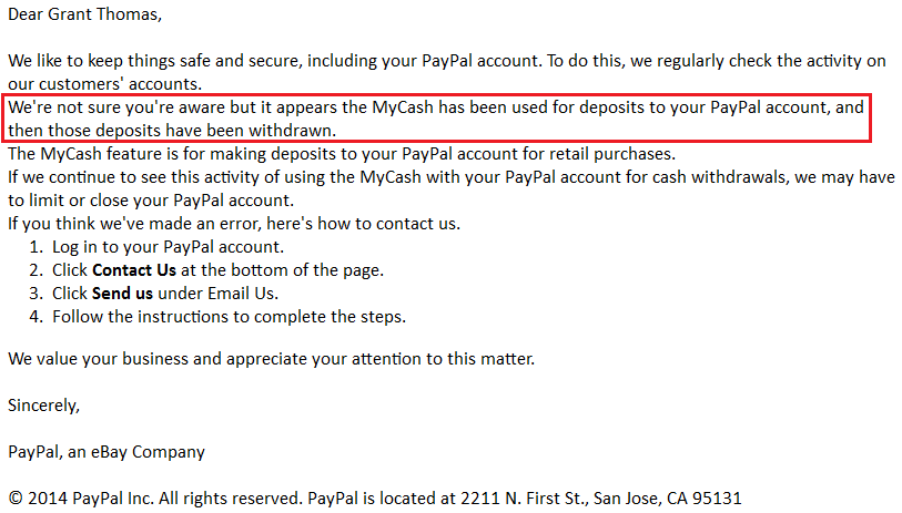 PayPal My Cash Card Warning Email and Explanation