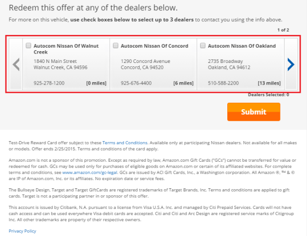 Test Drive Kia ( Visa Gift Card) and Nissan ( Amazon/Target Gift Card)