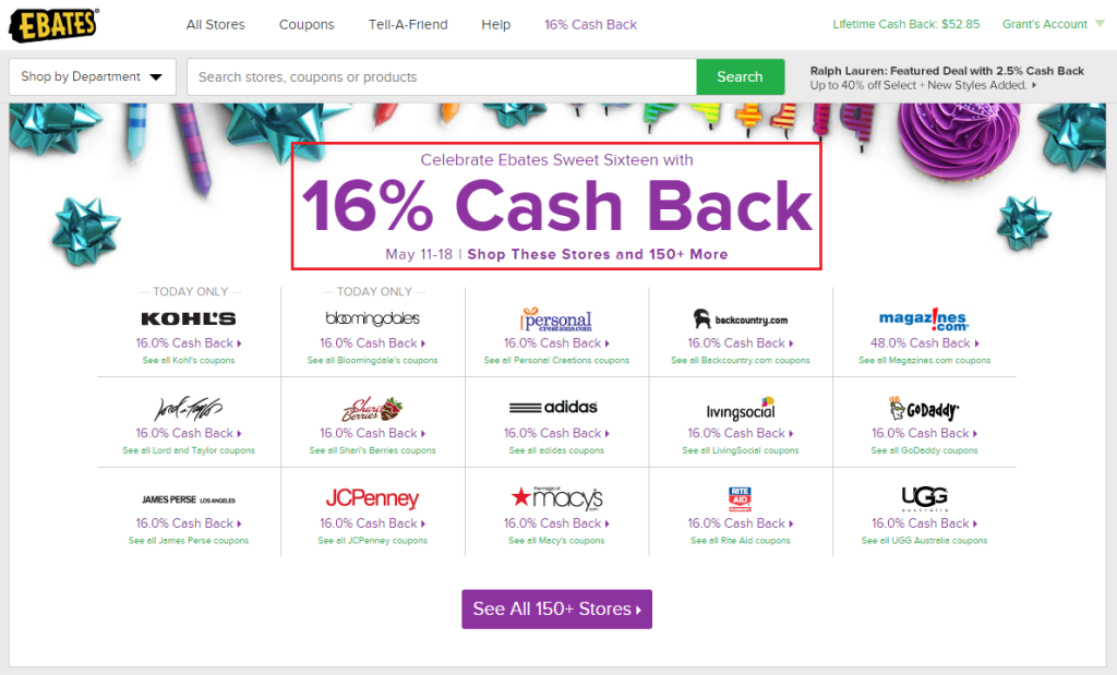 Ebates 16th Birthday = 16% Cash Back at 150+ Merchants (May 11-18)