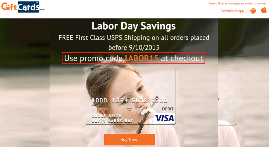 Free Shipping for Visa Gift Cards on GiftCards.com (Promo Code LABOR15)