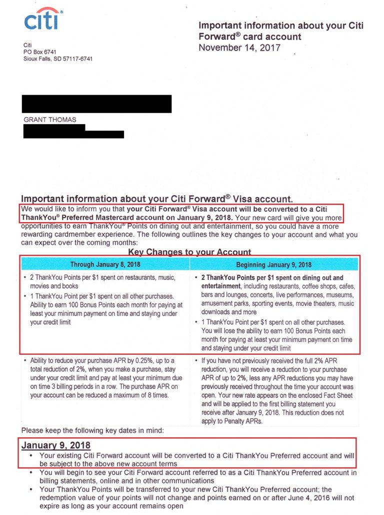 Citi Forward Converting to Citi Thank You Preferred on January 9, 2018 ...