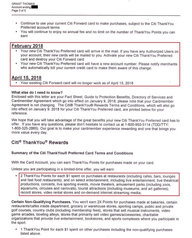 Citi Forward Converting to Citi Thank You Preferred on January 9, 2018 ...