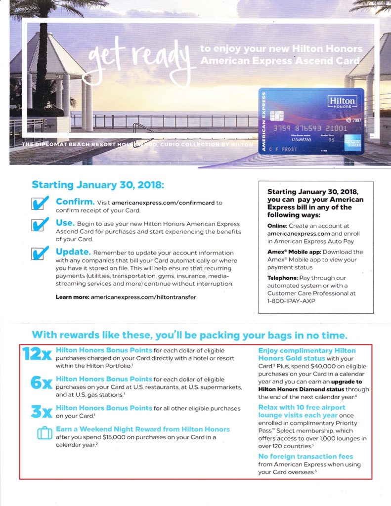 American Express Hilton Ascend Credit Card Welcome Letter & Card Art