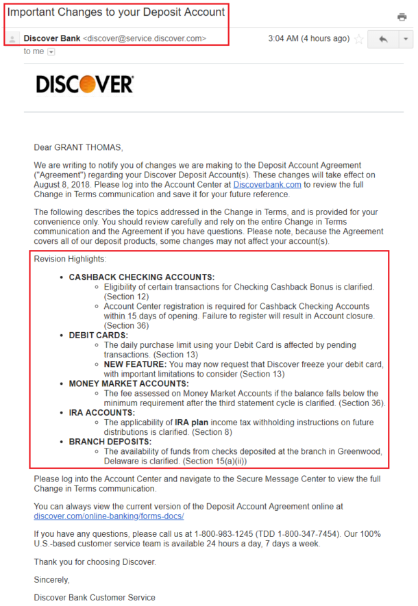Minor Changes to Discover Banking Accounts Coming August 8, 2018