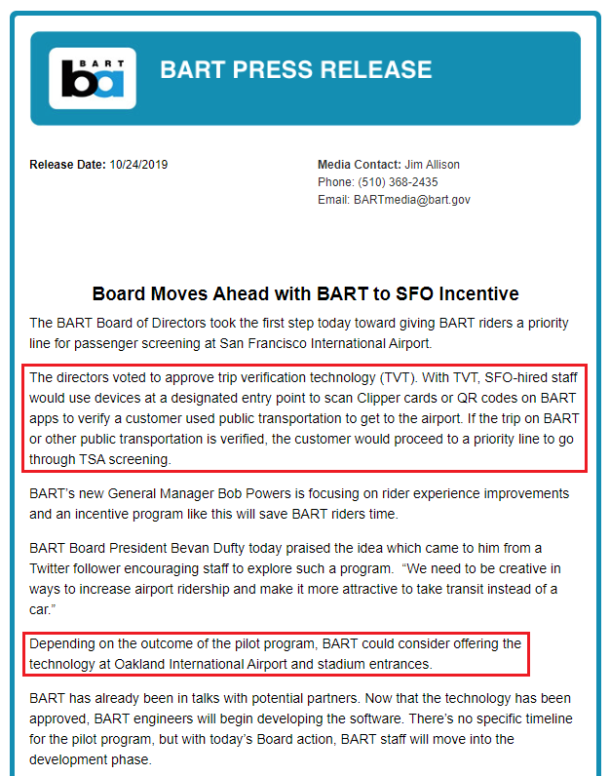 Pilot Program Announced: BART Riders to SFO get Access to Priority TSA ...