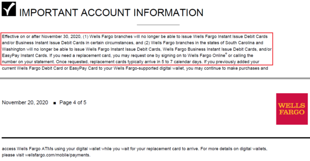 Wells Fargo Discontinues Instant Issue Debit Cards (Effective November 30)