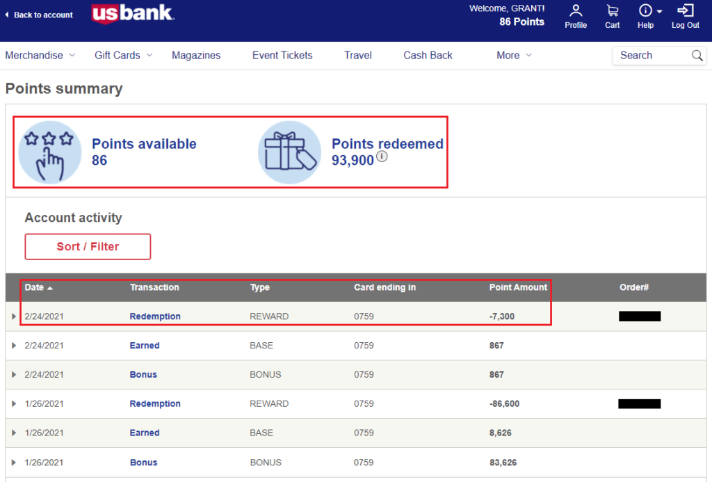 My Real Time Rewards Redemptions on US Bank Business Leverage Credit ...