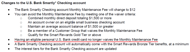 US Bank Smartly Checking Monthly Fee Increasing from $6.95 to $12 ...